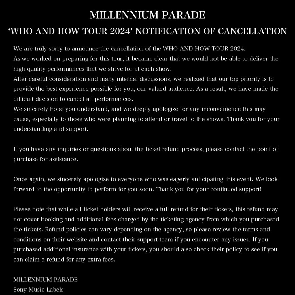 Millennium Parade World Tour Canceled